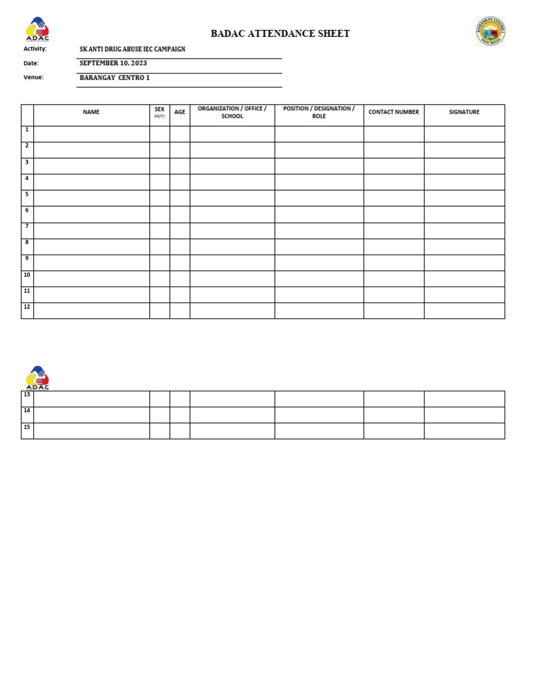 BADAC Attendance Sheet | PDF