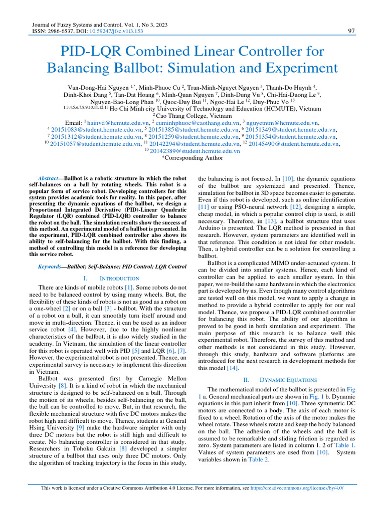 Pid Lqr Combined Linear Controller For Balancing Ballbot Simulation And Experiment Pdf