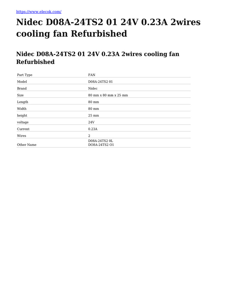 Nidec D08A-24TS2 01 24V 0.23A 2wires Cooling Fan Refurbished (EN) | PDF