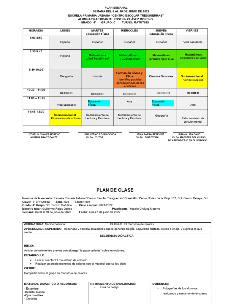 Plan Semanal 4° C: Actividades y Clases | PDF | Educación primaria | Escuelas