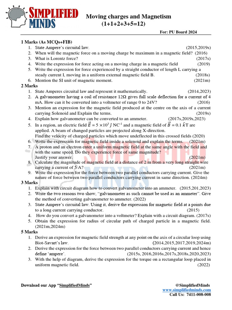 Class 12 Moving Charges & Magnetism Guide | PDF | Magnetic Field | Force