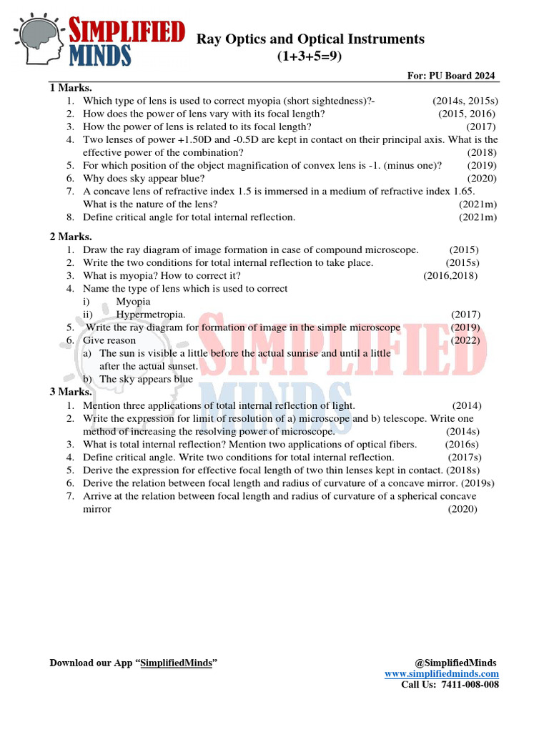 2nd PUC Ray Optics Model Questions | PDF | Optics | Refractive Index