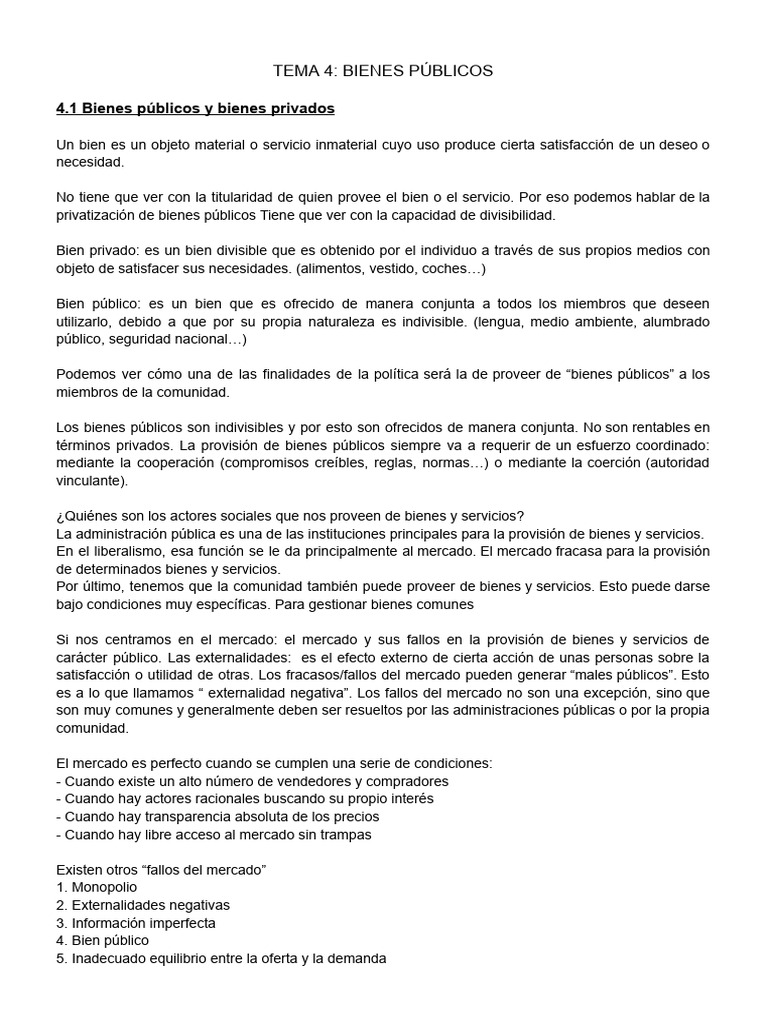 Tema 4 - Bienes Públicos | PDF | Bienes | Mercado (economía)