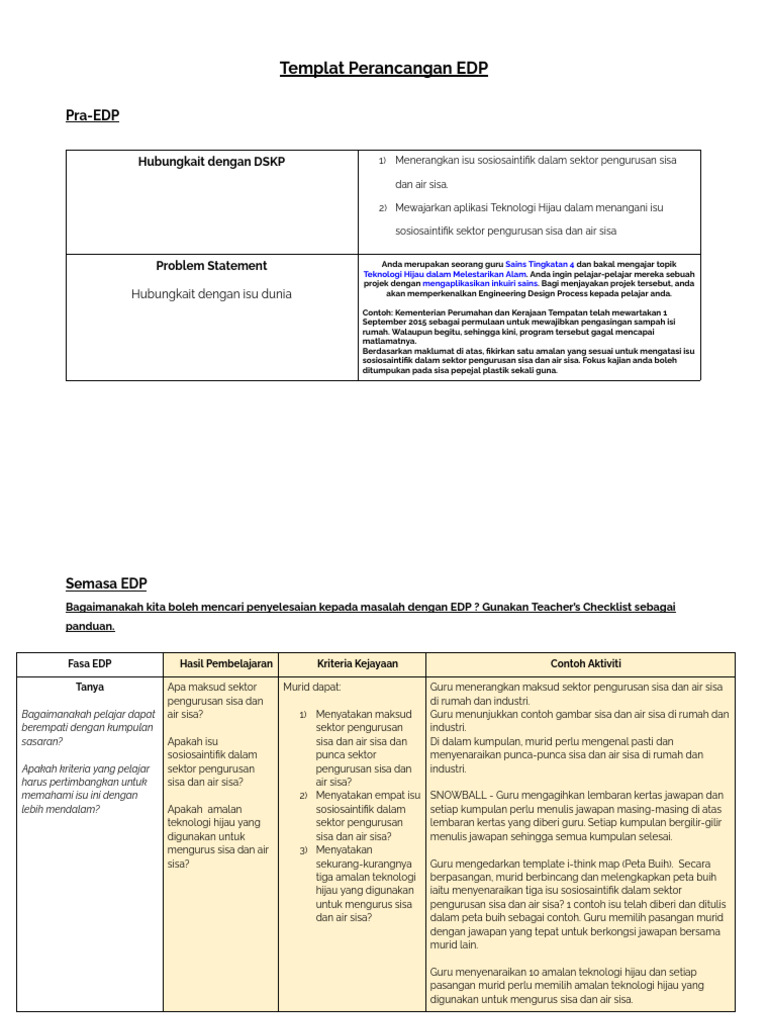 Templat Perancangan EDP STEM BERSEPADU SAINS T4 | PDF