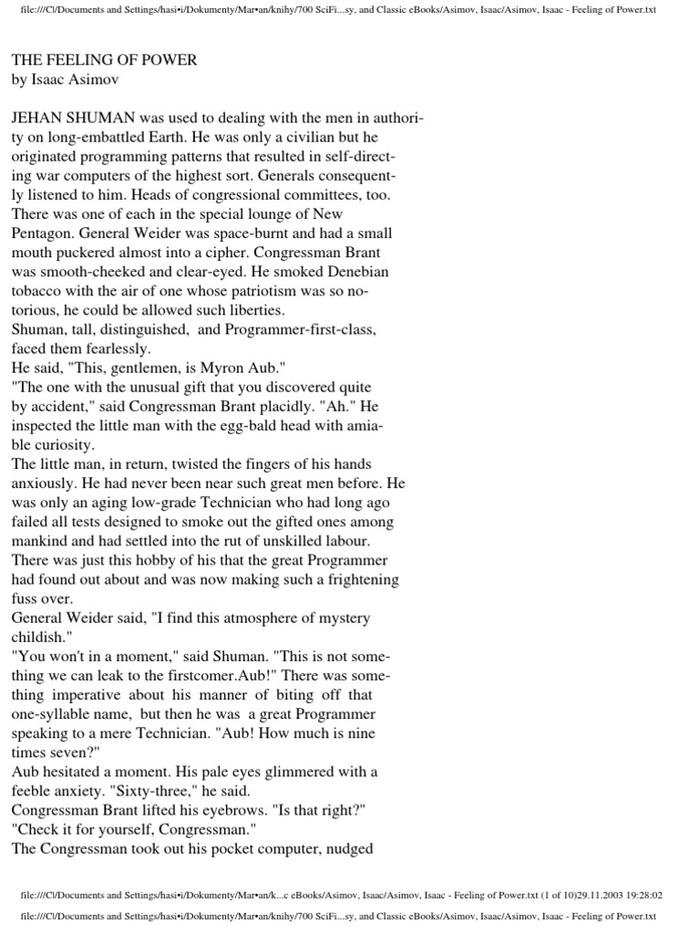 Isaac Asimov - Feeling of Power | PDF | Isaac Asimov | Mind