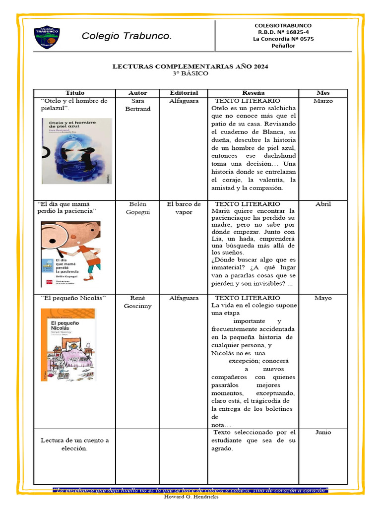 Lecturas Complementarias 3° Basico 2024 | PDF