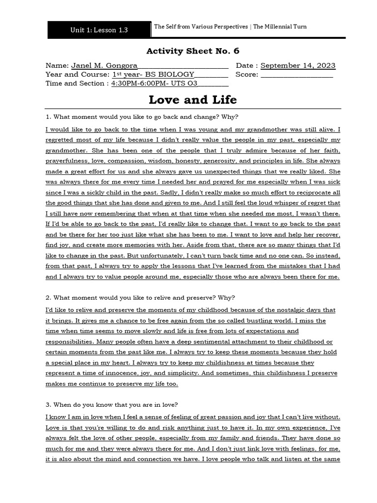 UTS - O3 Activity Sheet 6 | PDF | Love | Romance (Love)