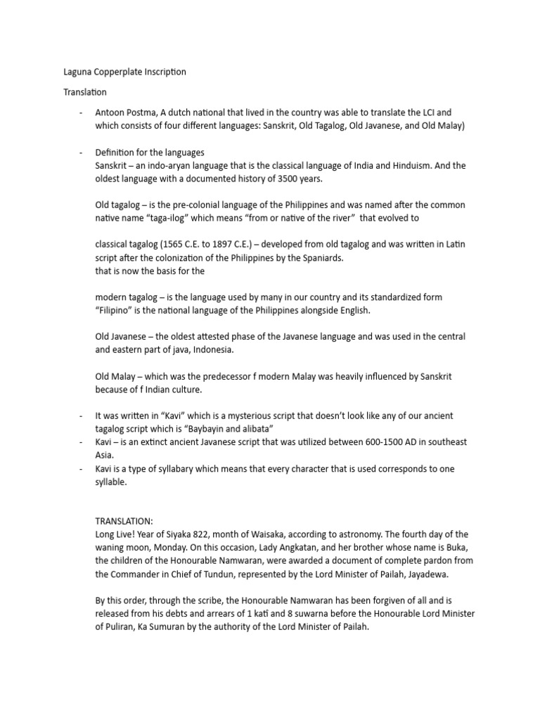 Laguna Copperplate Inscription | PDF | Tagalog Language | Linguistics