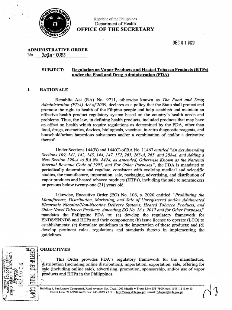DOH Administrative Order No 2020 0055 | PDF | Food And Drug Administration