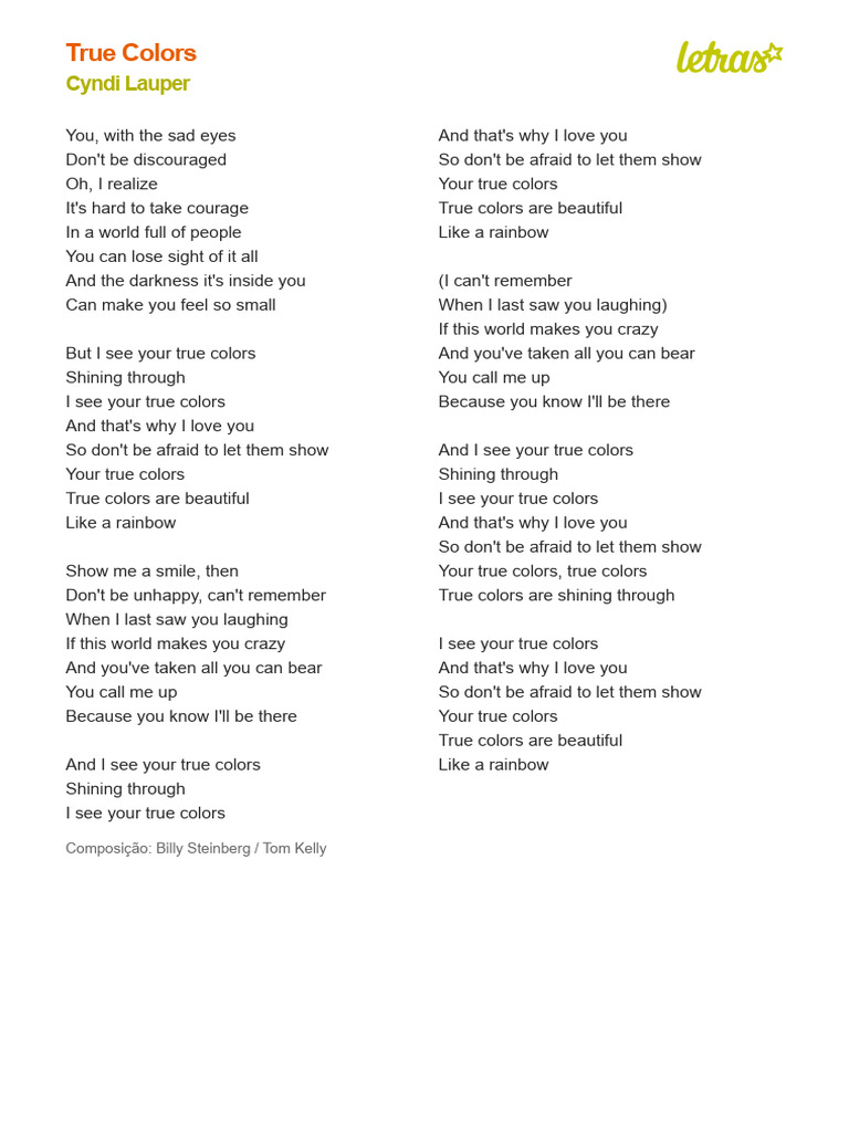 TRUE COLORS - Cyndi Lauper (Impressão) | PDF
