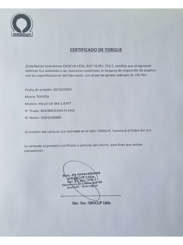 Certificado Torque | PDF