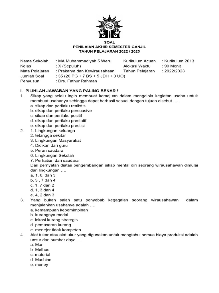 Soal Pkwu Pas Ganjil 2022 PDM | PDF