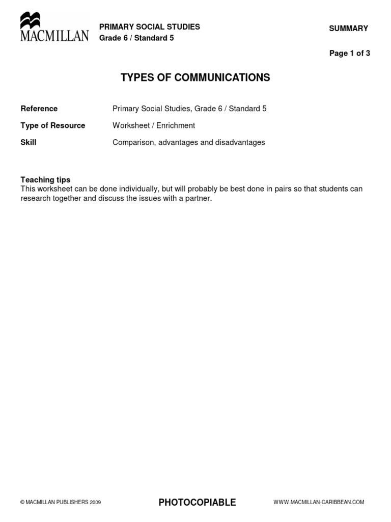PSS Grade 6 - 9780333544181 History - Types of Communications Worksheet ...