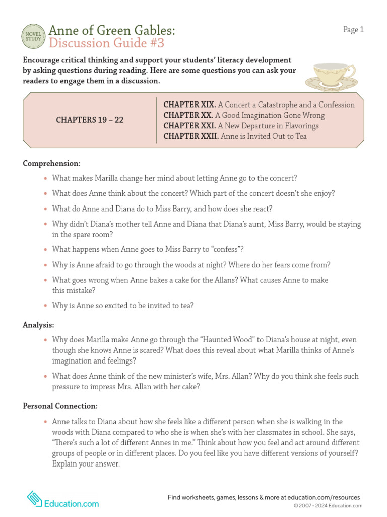 Novel Study Anne of Green Gables Discussion Guide 3 | PDF