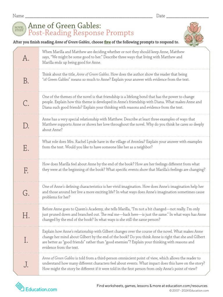 Novel Study Anne of Green Gables Post Reading Response Prompts | PDF ...