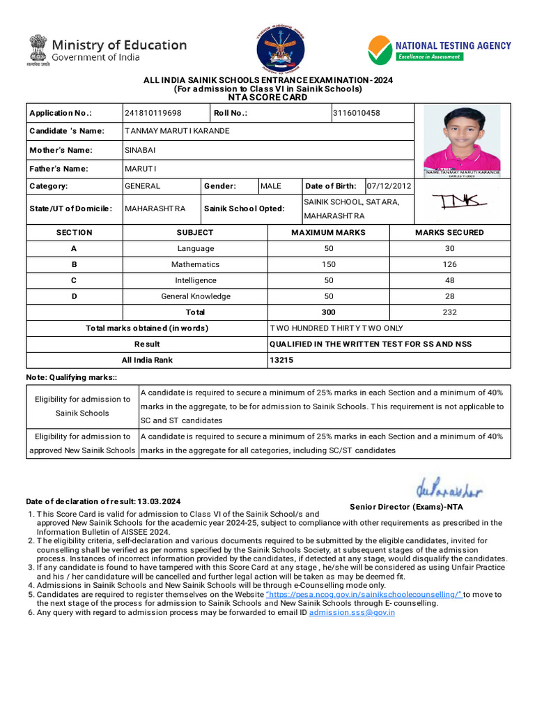 ALL INDIA SAINIK SCHOOLS ENTRANCE EXAM AISSEE - AISSEE - 2024 - India Tanmay | PDF