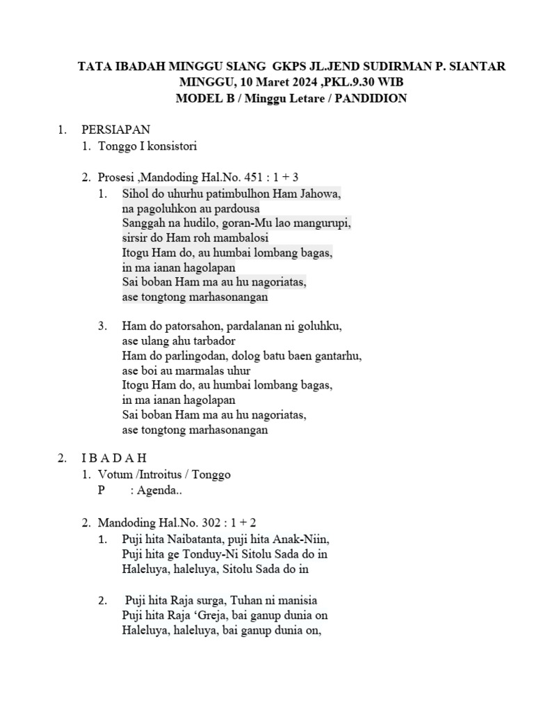 Petugas Pakon Tata Ibadah MINGGU SIANG, 10 Maret 20242024 | PDF