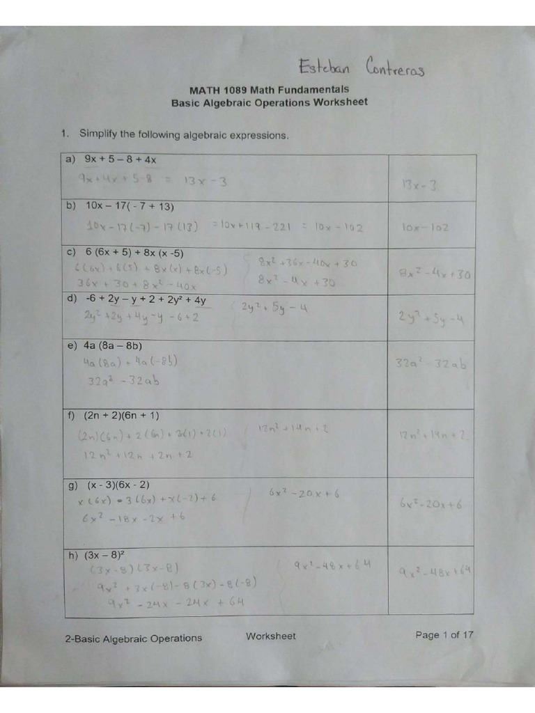 Worksheet_Basic Algebraic Operations_EC | PDF