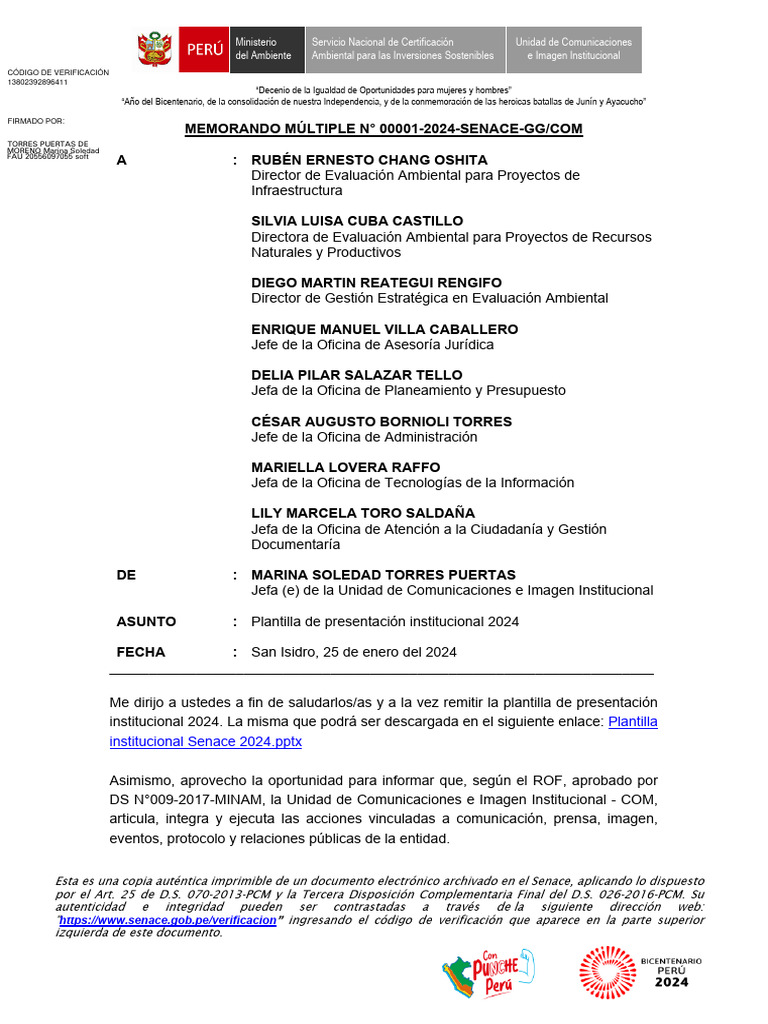 Memorando Múltiple - 00001 - 2024 - SENACE - GG - COM | PDF