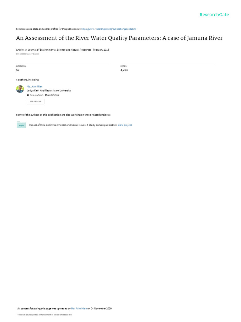 An Assessmentofthe River Water Quality Parameters Acaseof Jamuna River | PDF | Chemical ...