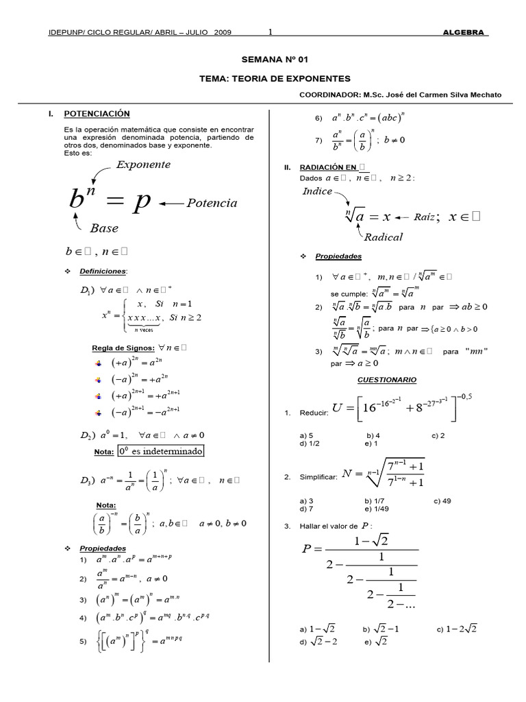ALGEBRA-Abril2009 | PDF | Exponenciación | Análisis complejo