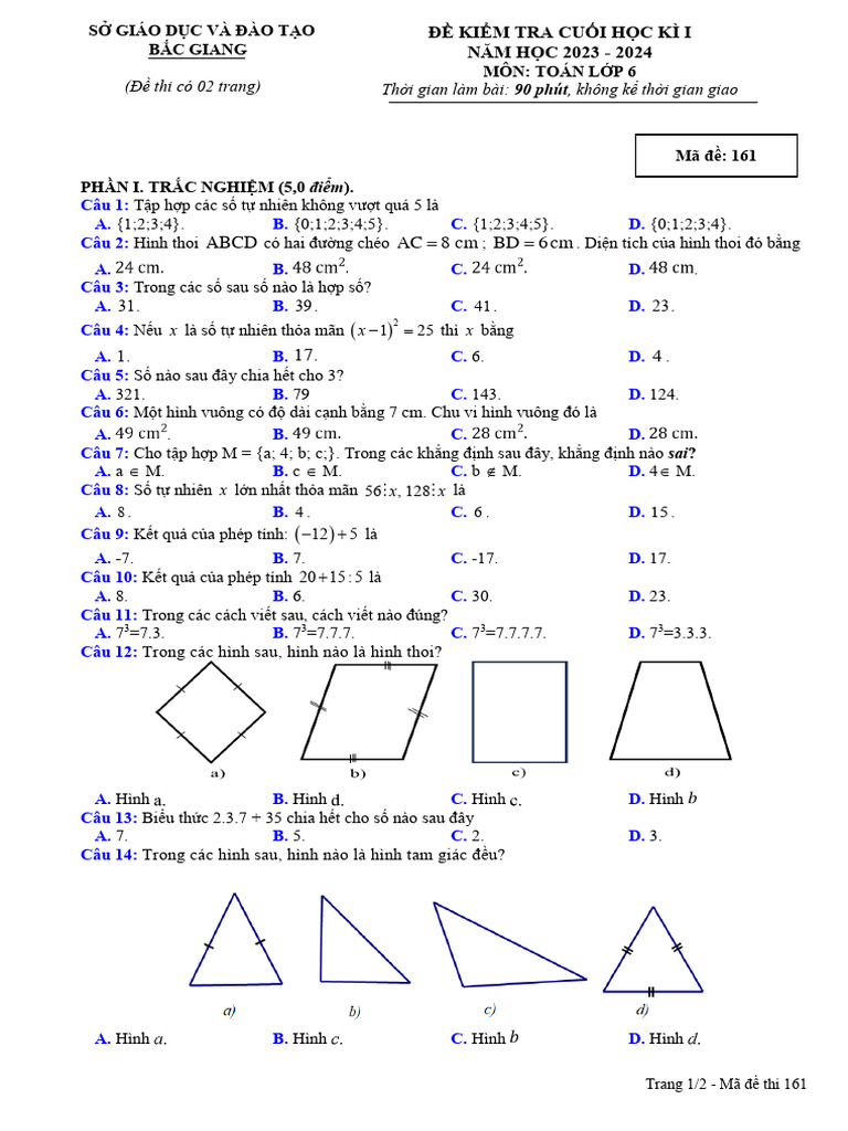 De Kiem Tra Cuoi Hoc Ki 1 Toan 6 Nam 2023 2024 So GDDT Bac Giang | PDF