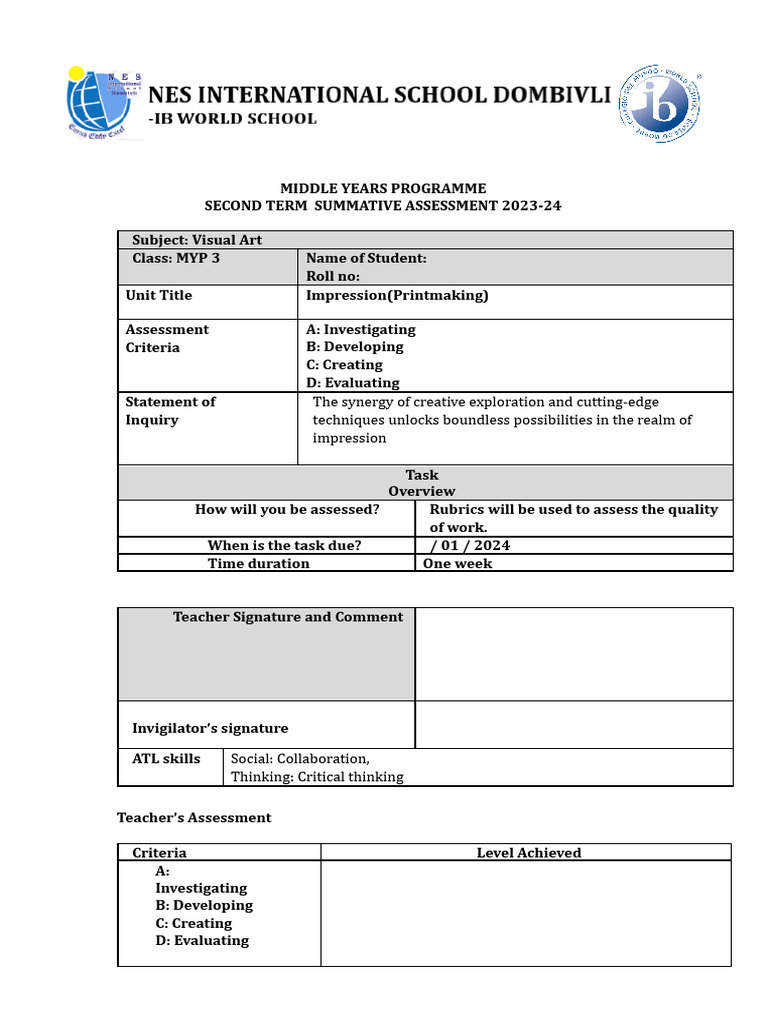 2022-23 MYP 3 Question Sheet A B C D Unit 3 1 | PDF | Printmaking | Inquiry