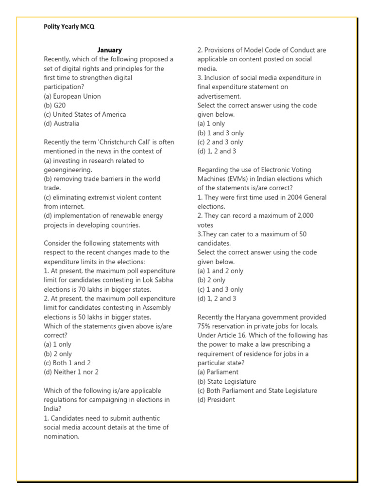 Polity Yearly MCQ | PDF | Supermajority | Government