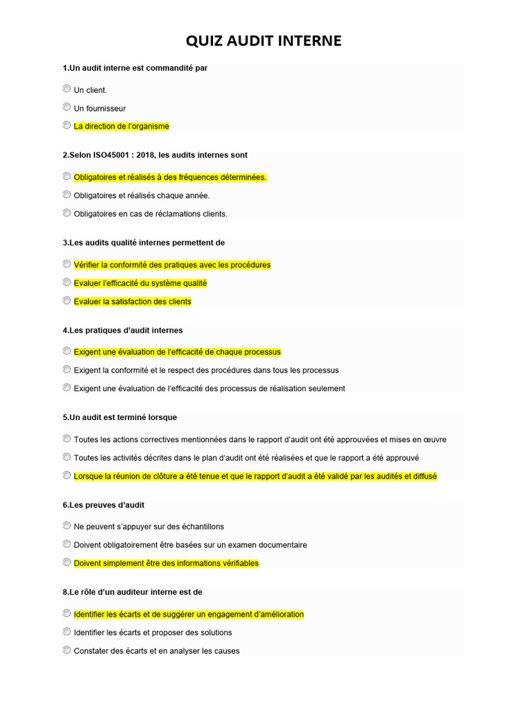 QUIZ Audit Interne - Correction | PDF | Audit