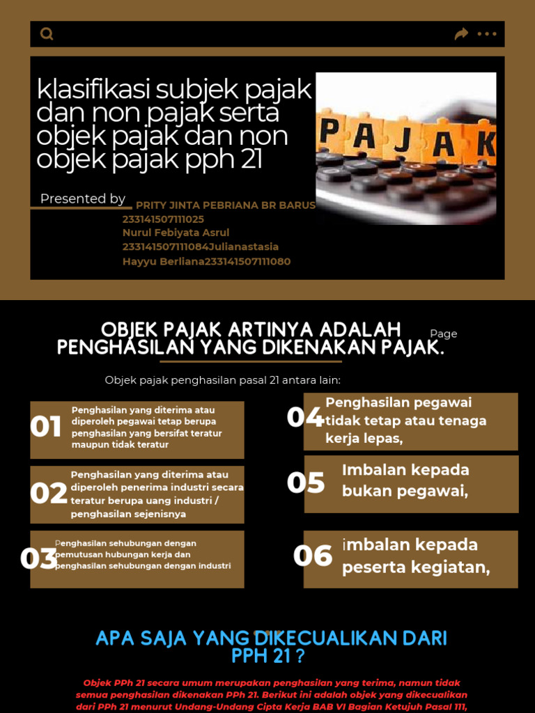 Klasifikasi Subjek Pajak Dan Non Pajak Seeta Objek Pajak Dan Non Objek Pajak PPH 21 | PDF