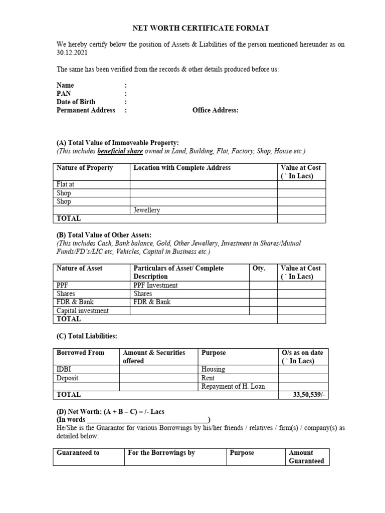 Net Worth Certificate Format | PDF