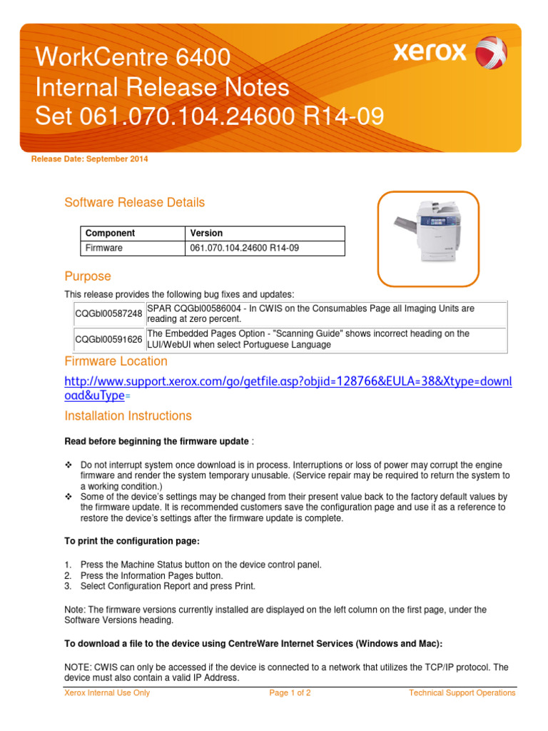 WorkCentre 6400 Internal Release Notes R14-09 | PDF | Internet ...