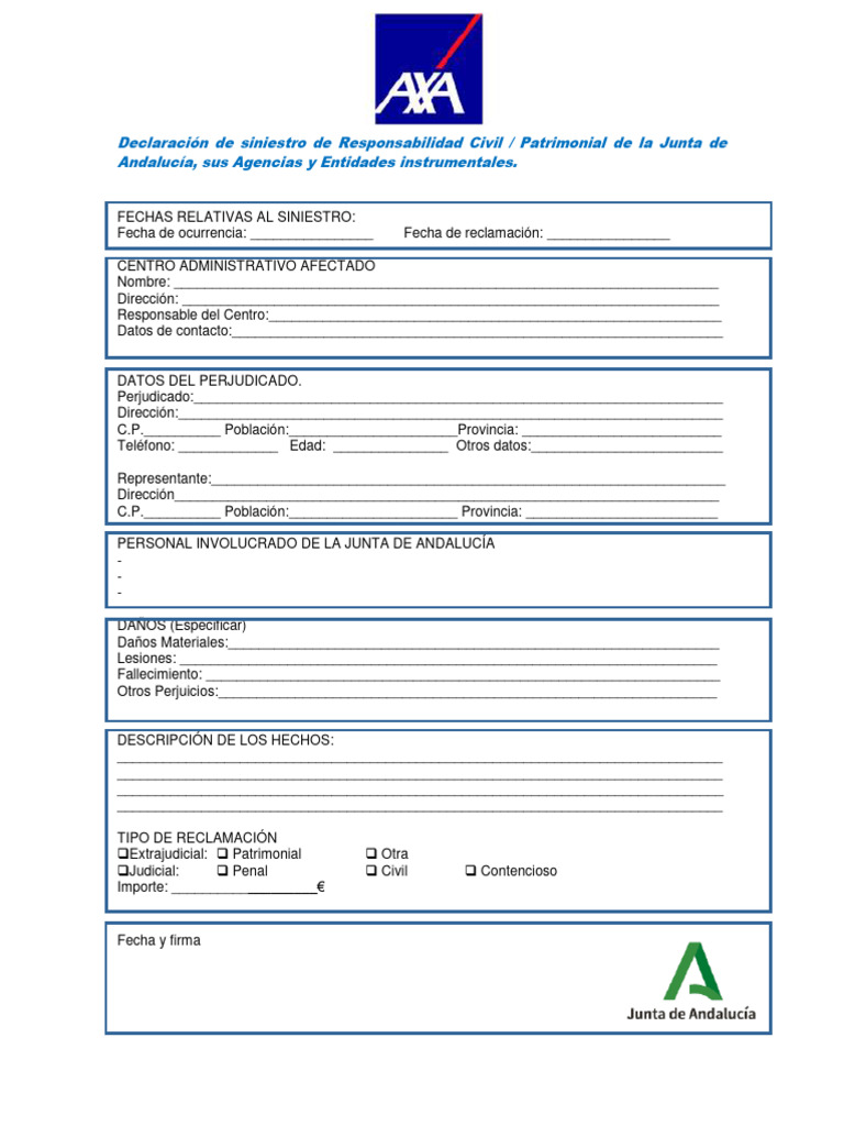 AXA - Modelo Declaración Siniestro | PDF | Negocios | Finanzas y dinero