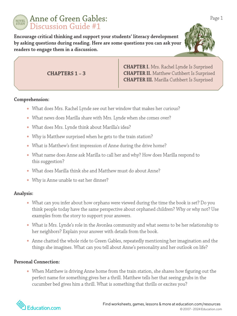 Novel Study Anne of Green Gables Discussion Guide 1 | PDF | Anne Of ...