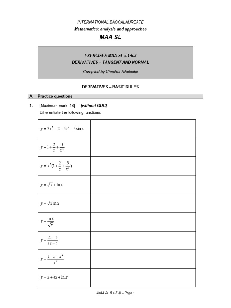 Derivatives: Tangent and Normal Exercises | PDF | Tangent | Asymptote