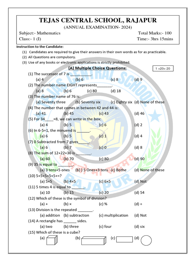 CLASS I (MATHEMATICS) TEJAS QUESTION PAPER 2024 | PDF | Subtraction