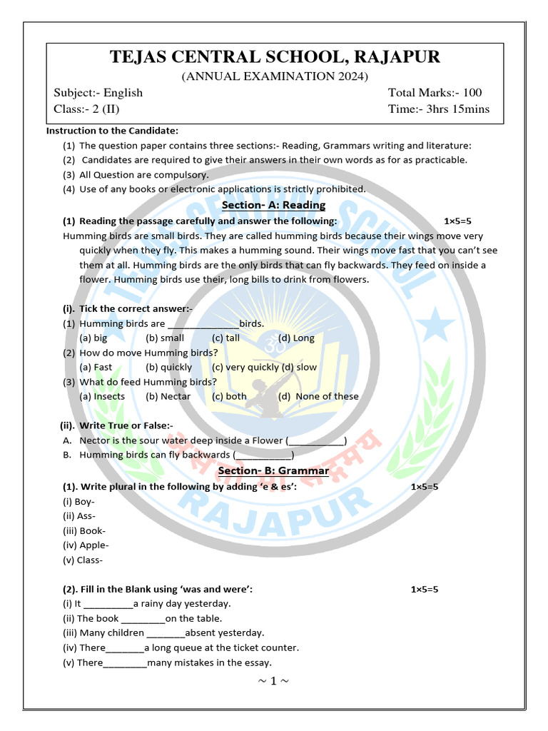 Class Ii (English) Tejas Question Paper 2024 | PDF