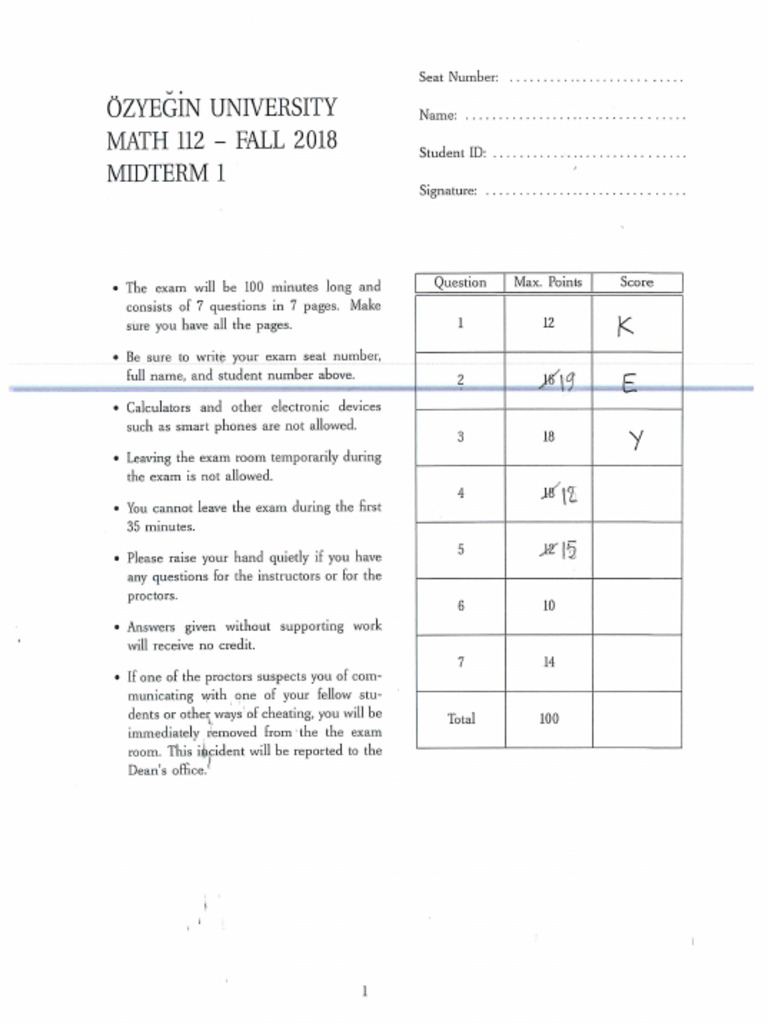 MATH 112 - Fall 2018 - Midterm 1 | PDF