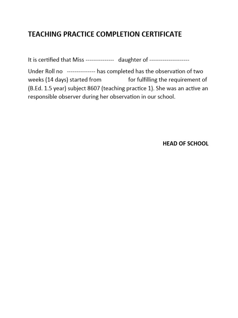 Teaching Practice Completion Certificate | PDF