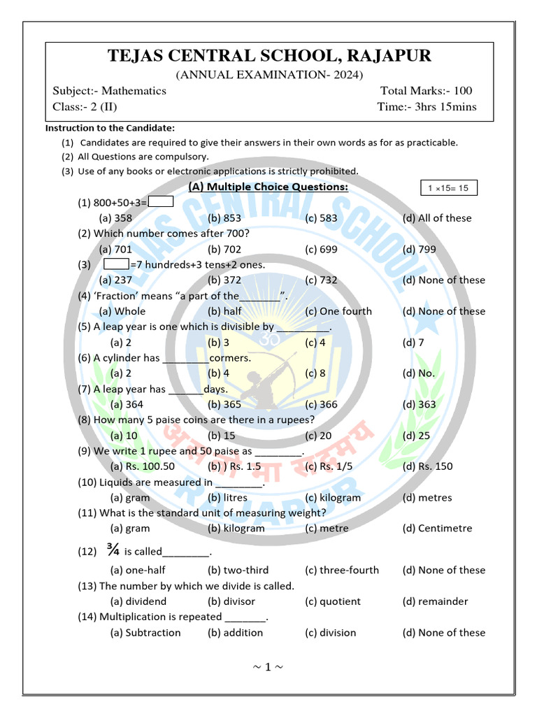 Class 2 Mathematics Exam Paper 2024 | PDF | Division (Mathematics ...