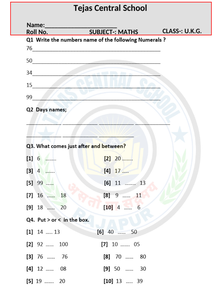 TEJAS UKG MATH | PDF