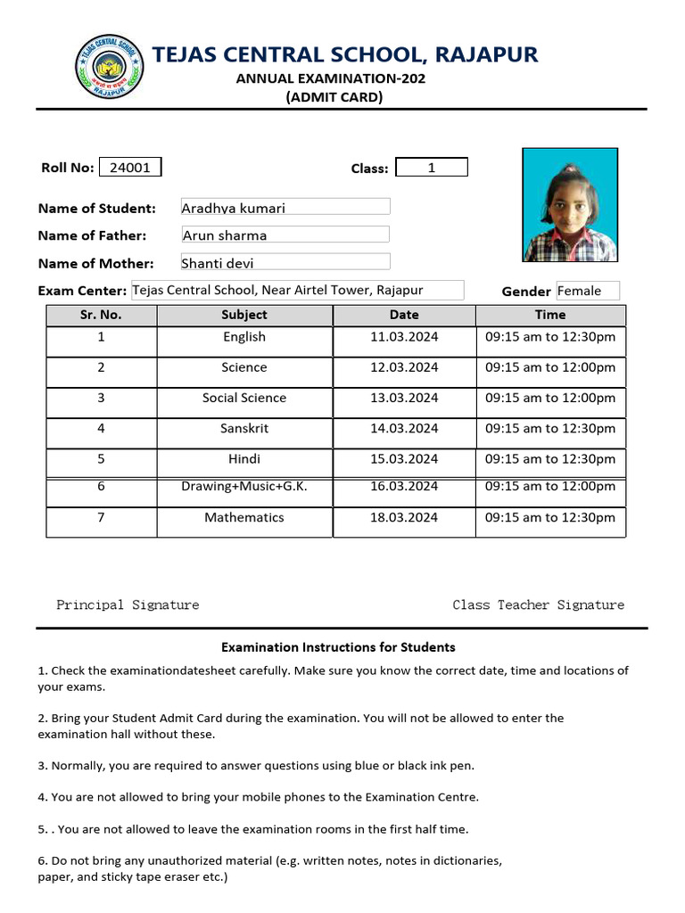 DEMO FINAL ADMIT CARD | PDF
