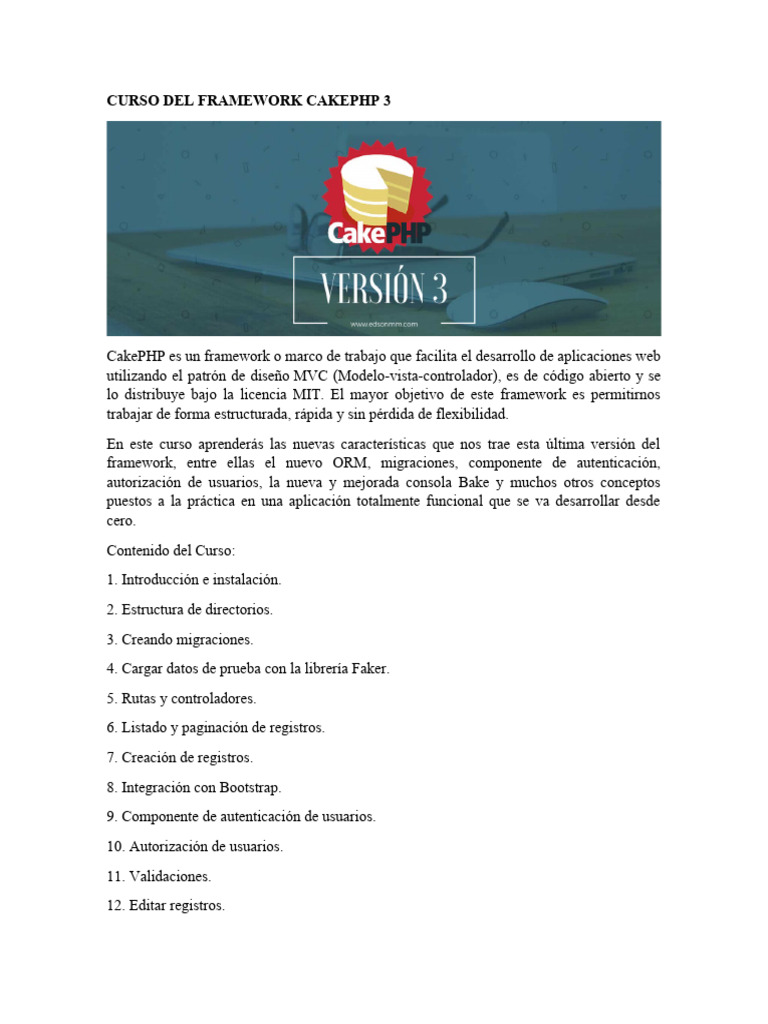 Curso Del Framework Cakephp 3 | PDF | Modelo – Vista – Controlador | Marco de software