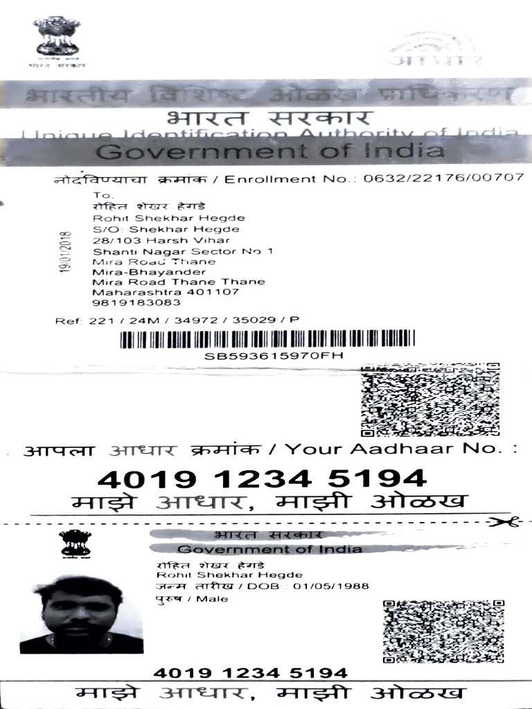 Aadhaar Card Details for Rohit Hegde | PDF