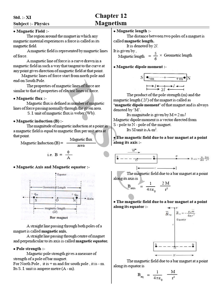 DSC XI Physics Chapter 12 Magnetism-1 | PDF | Magnetic Field | Magnet