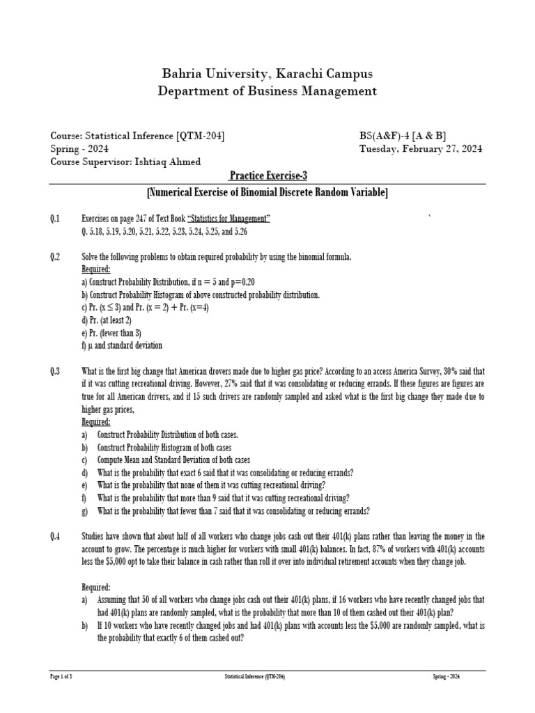 STATISTICAL INFERENCE PRACTISE QUESTION | PDF | Probability Distribution | Probability