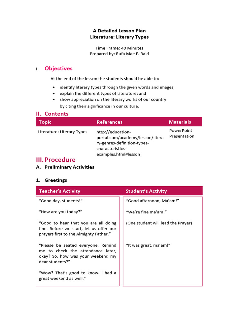 A Detailed Lesson Plan About Literary Types | PDF | Poetry | Narrative