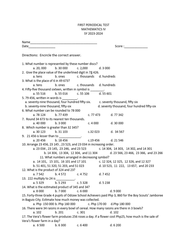 FIRST PERIODICAL TEST-Math 4 | PDF | Teaching Methods & Materials