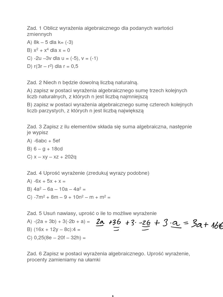 Klasa 7 Sprawdzian Wyraå Enia Algebraiczne | PDF