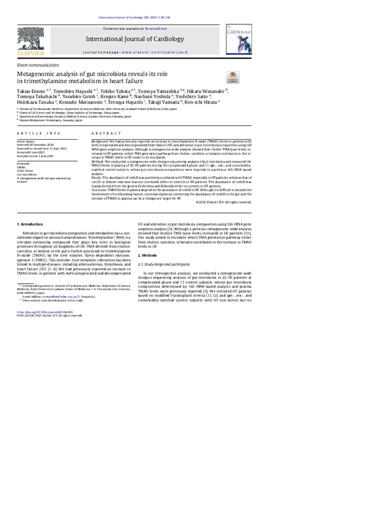 Metagenomic Analysis Of Gut Microbiota Reveals Its Role In Trimethylamine Metabolism In Heart